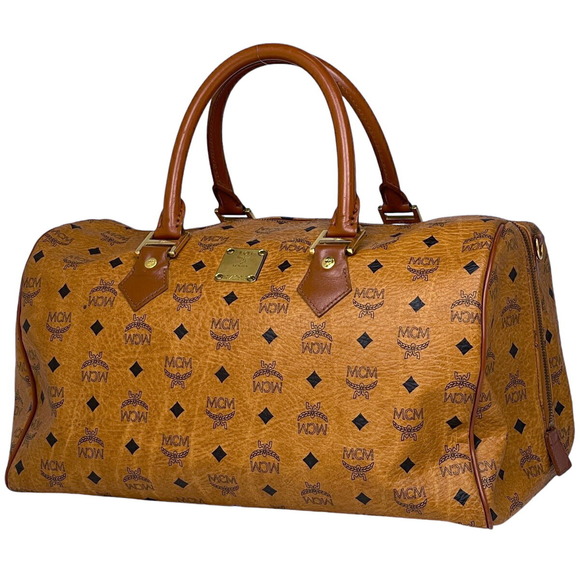 MCM | Bags | Mcm Logo Gram Boston Bag Visetos Leather Brown | Poshmark